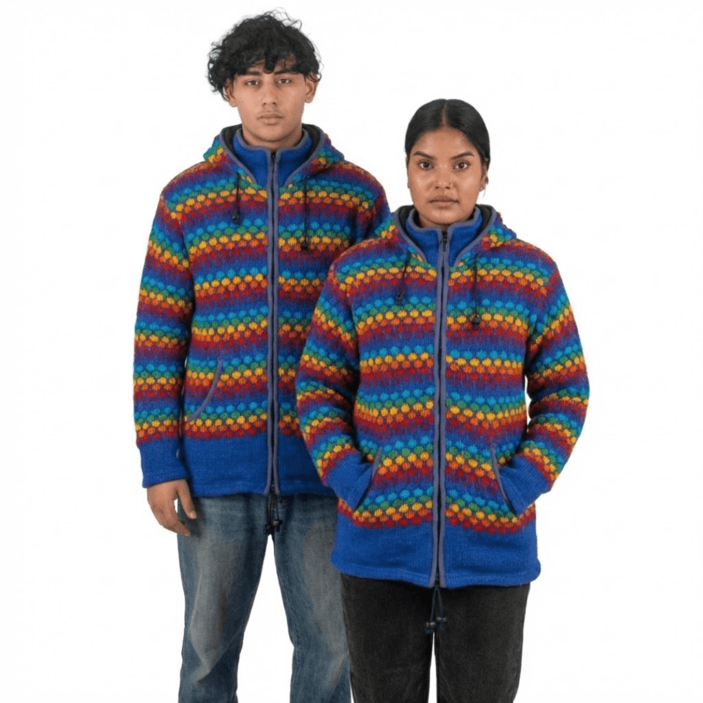 100% Woolen Jacket For Women & Men – Unisex Blue Rainbow Fleece Lined ...