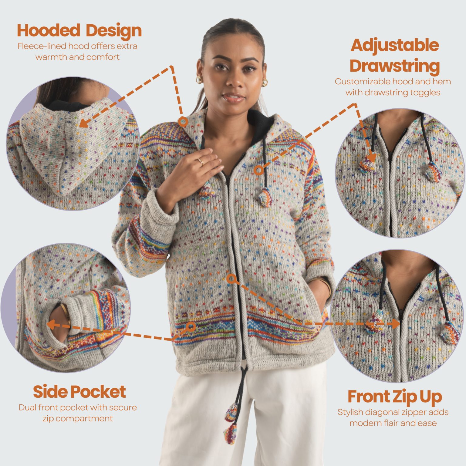 100% Wool Jacket For Women & Men – Unisex Grey Rainbow Fleece Lined ...